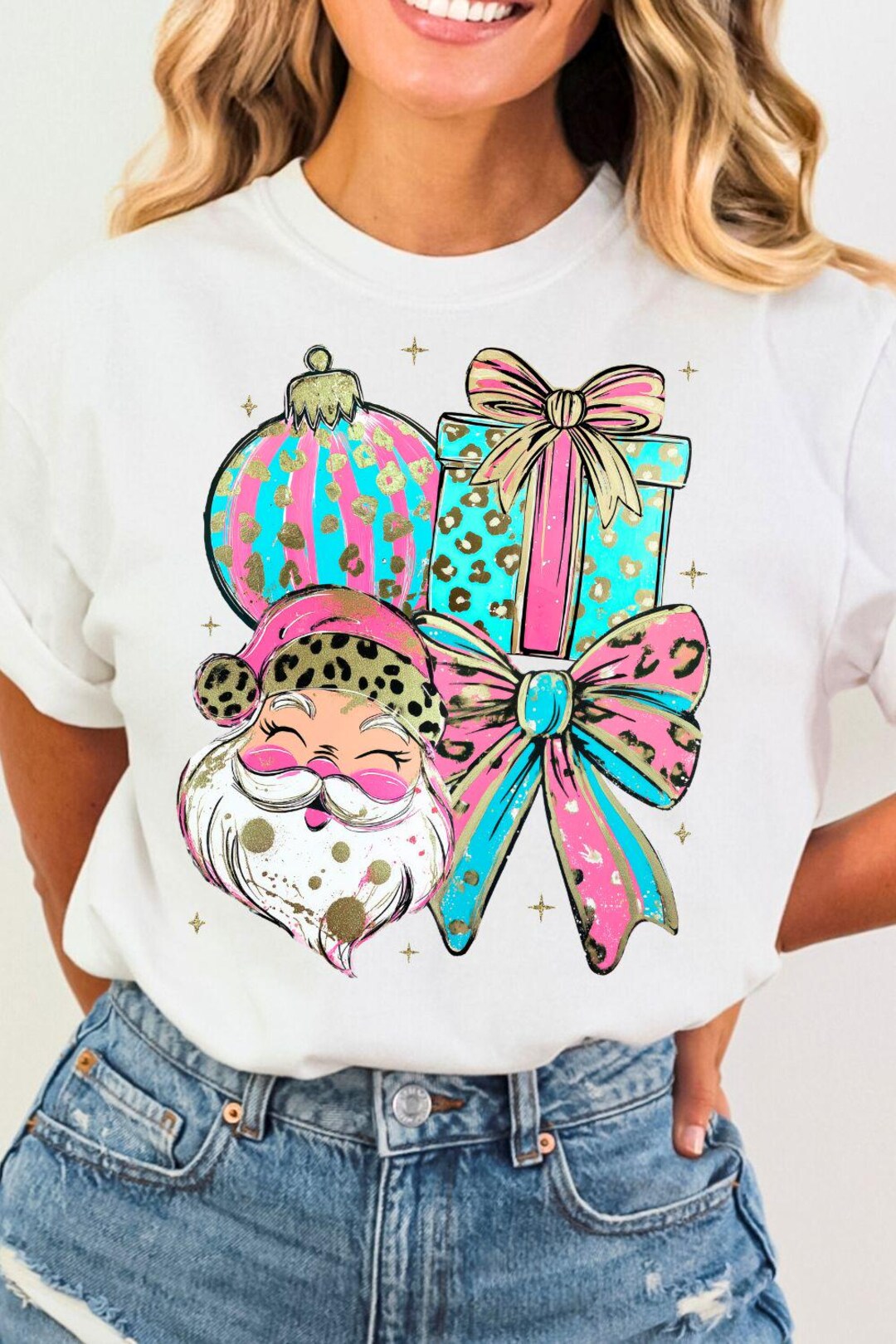 Pink Teal Santa PNG | Glam Leopard Christmas Sublimation Design ...