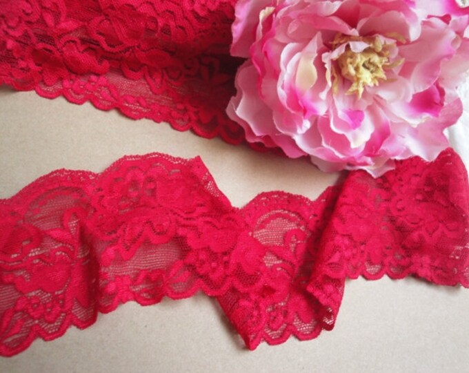 3 Shimmery Fire Red Stretch Lace Trim With Scalloped Edge for Lingerie ...