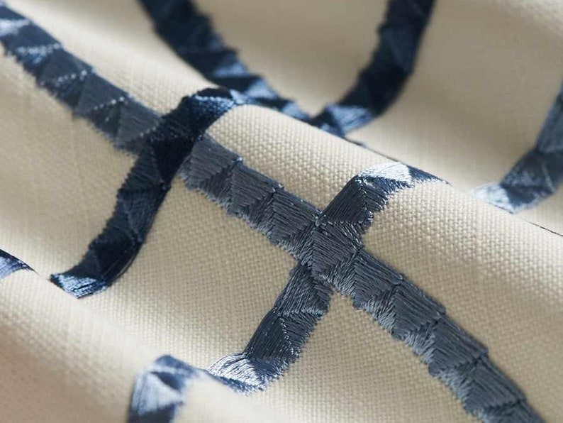 Cotton Poly Ivory Navy French Blue Trellis Embroidered | Etsy
