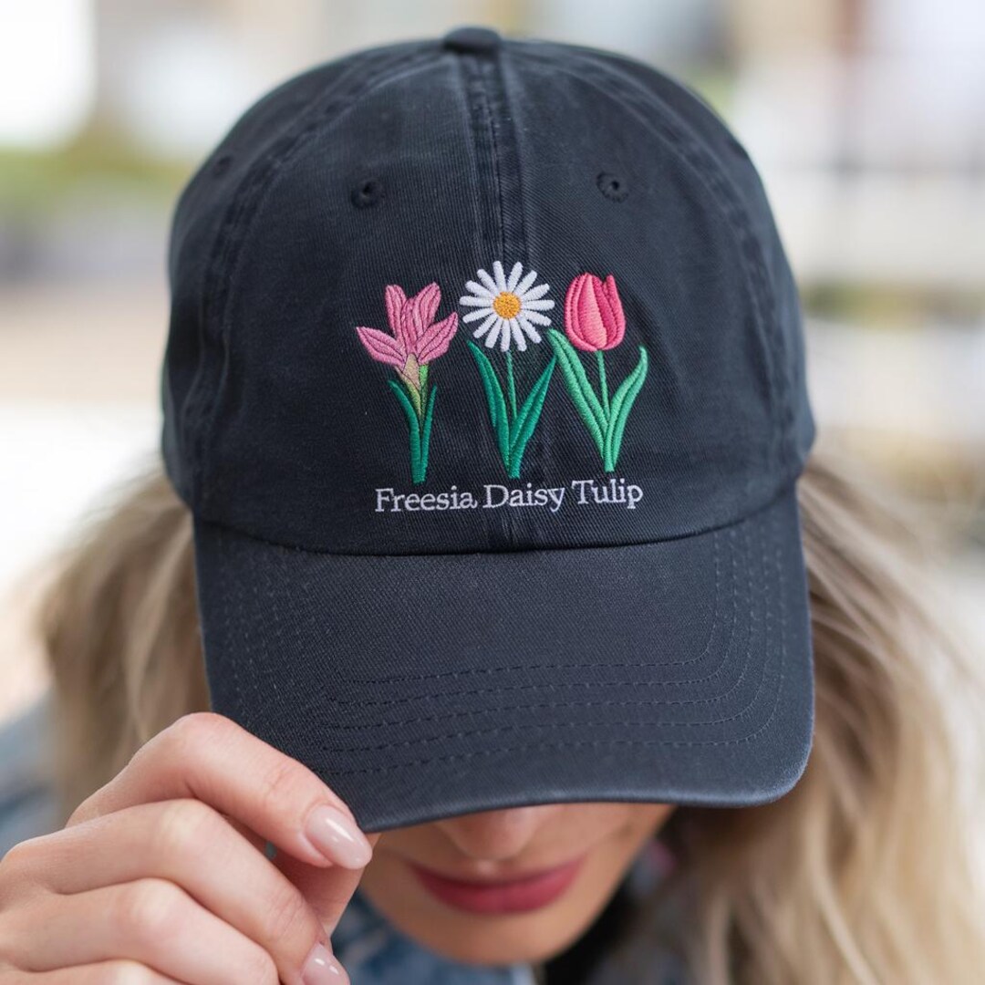 Embroidered Floral Distressed Dad Hat, Freesia Daisy Tulip - Etsy