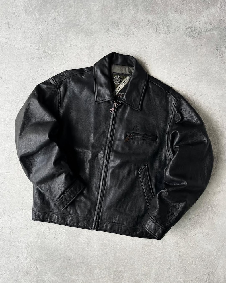 Vintage Black Leather Jacket Men’s | Genuine Sheepskin Moto Coat | 90s ...