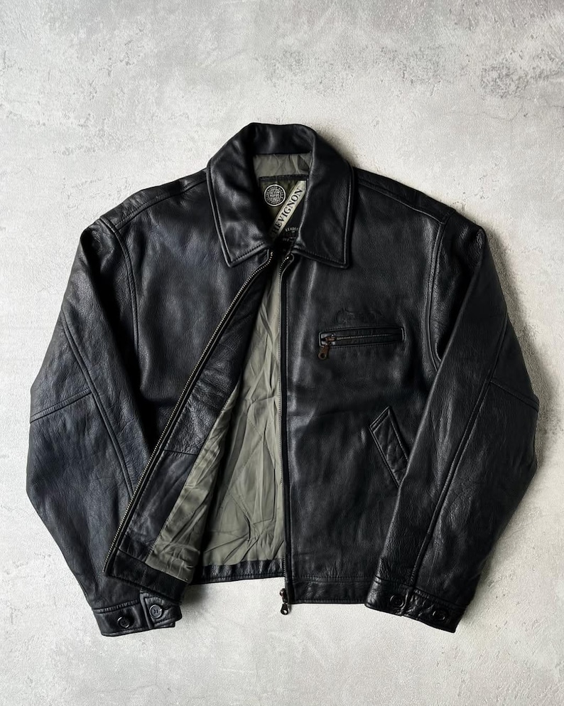 Vintage Black Leather Jacket Men’s | Genuine Sheepskin Moto Coat | 90s ...