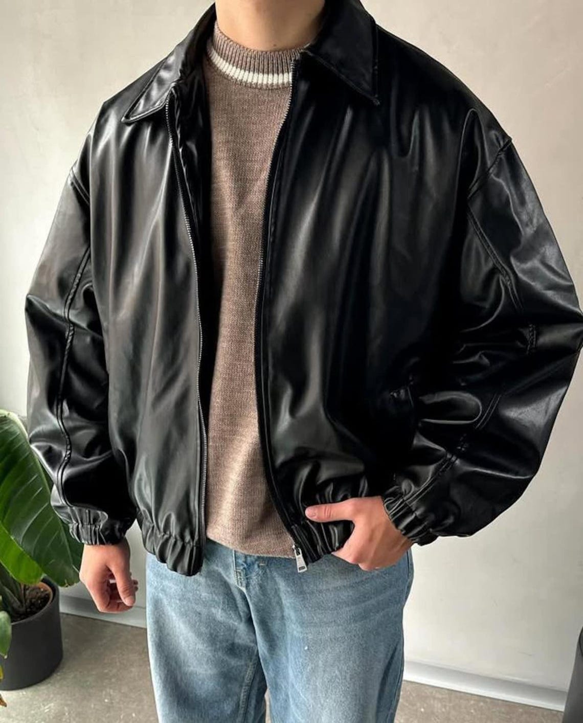 Men's Oversized Black Leather Bomber Jacket Baggy Streetwear Style ...