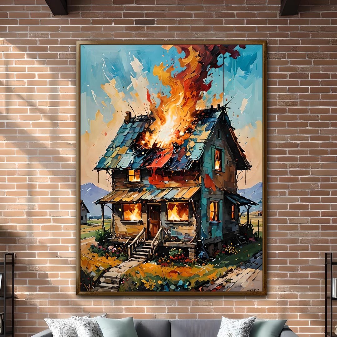 Burning Home Fire Art Printable Wall Decor Dramatic Flame House ...