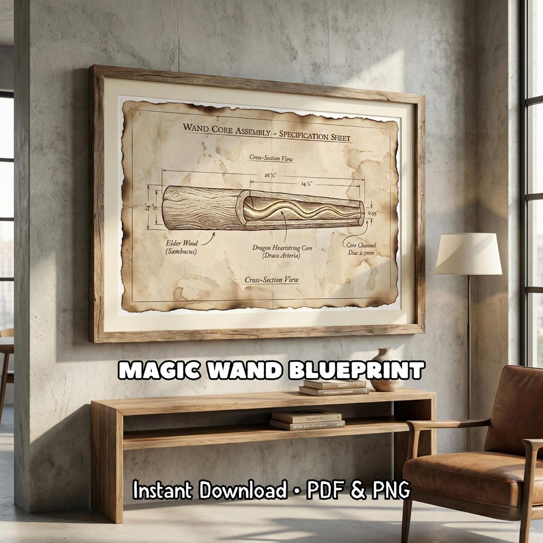 Vintage Magic Wand Blueprint Poster Wizard Wall Art Fantasy Decor ...