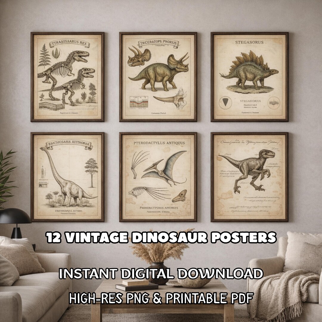 Vintage Dinosaur Prints Set 12 Square Fossil Posters Nursery Wall Decor ...
