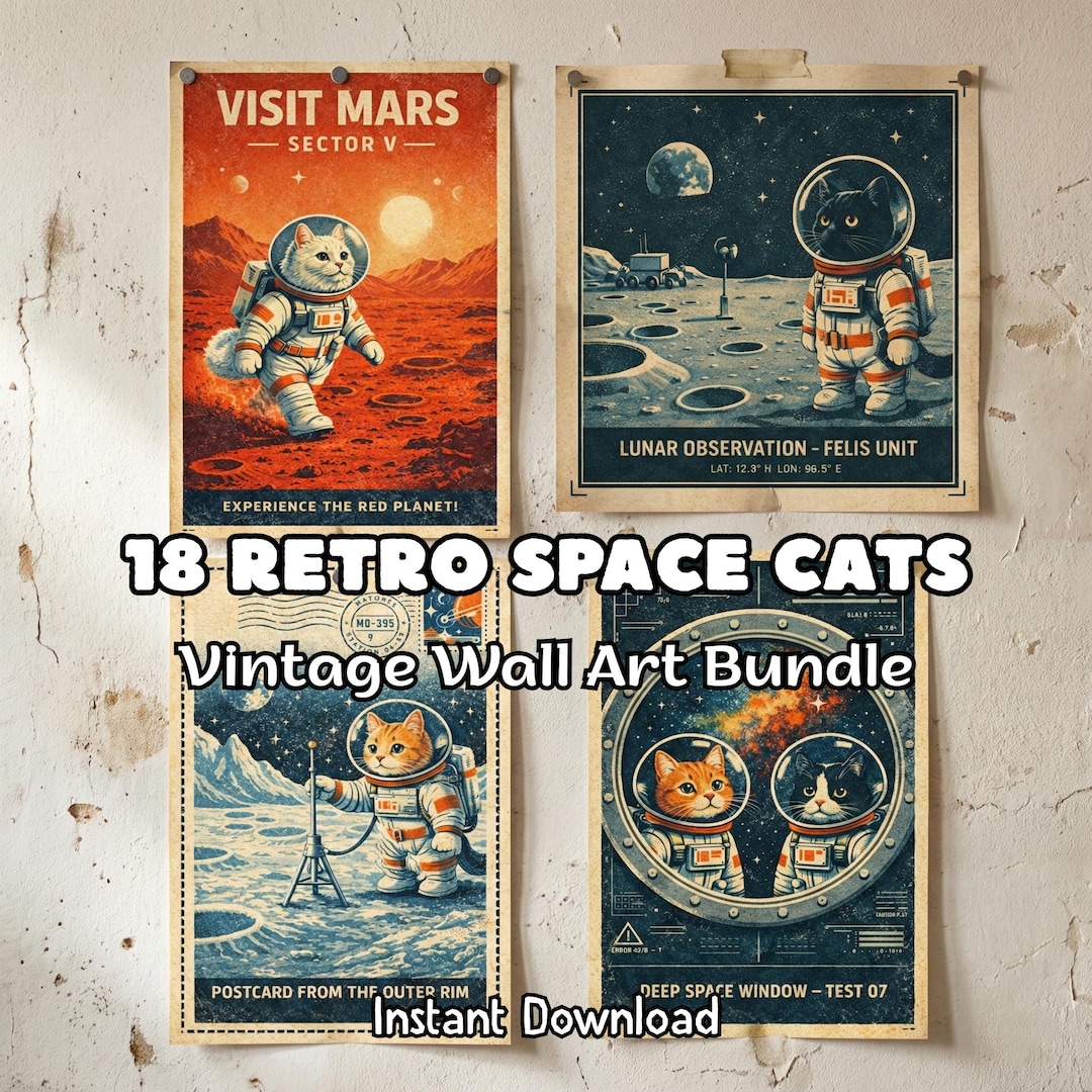 18 Retro Space Cat Wall Art Bundle Vintage Sci Fi Decor Funny Astronaut ...