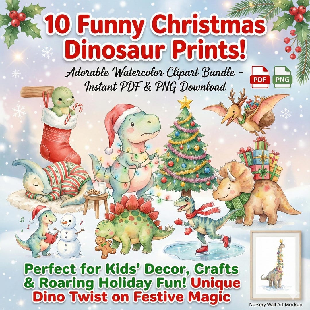Funny Christmas Dinosaur Clipart Watercolor Dino Prints Nursery Wall ...
