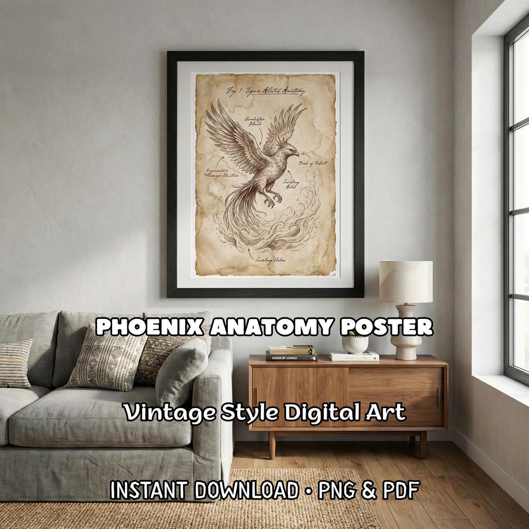 Phoenix Anatomy Poster Vintage Mythical Bird Wall Art Fire Rebirth ...