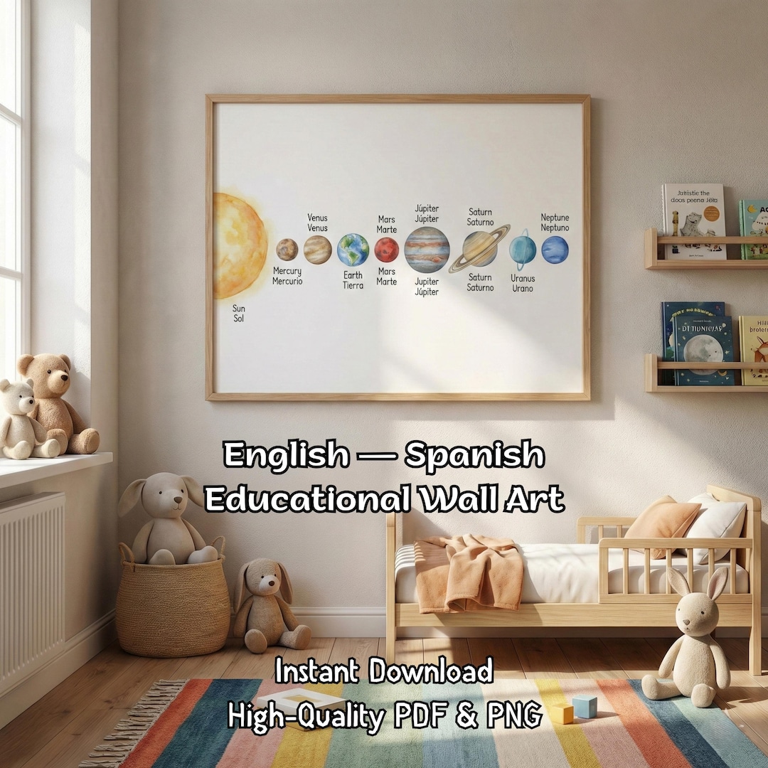 Bilingual Solar System Poster English Spanish Space Wall Art Planets ...