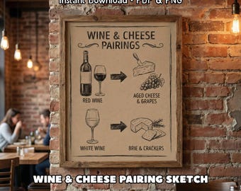 Wine Cheese Pairing Poster Kitchen Wall Art Bar Cart Decor Dining Room ...
