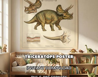 Triceratops Poster Vintage Dinosaur Print Paleontology Wall Art Natural ...