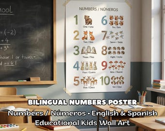 Bilingual Numbers Poster Spanish English Educational Wall Art Woodland ...