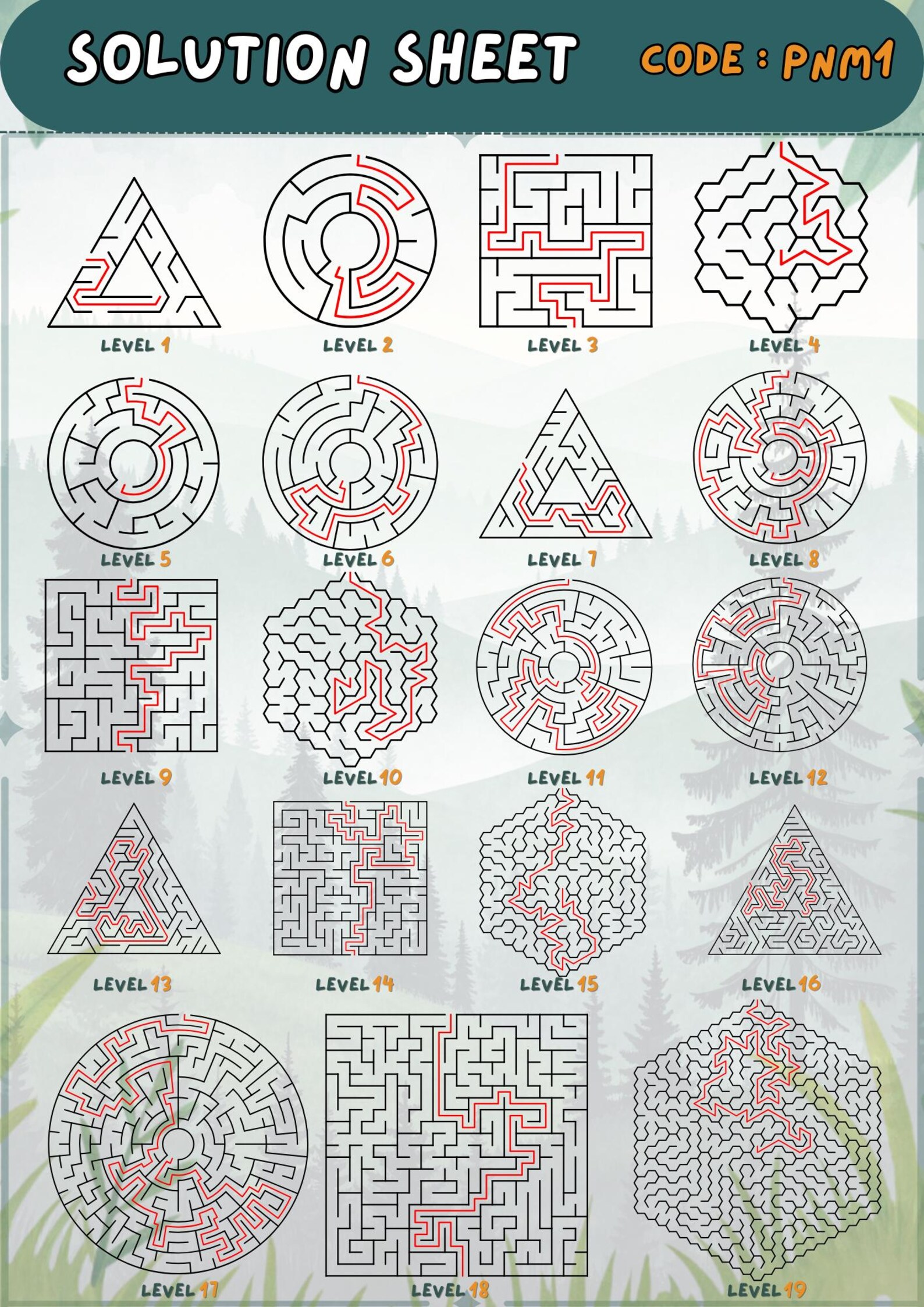Maze Puzzle Solution Sheet - 19 Levels | Printable Escape Path Guide ...
