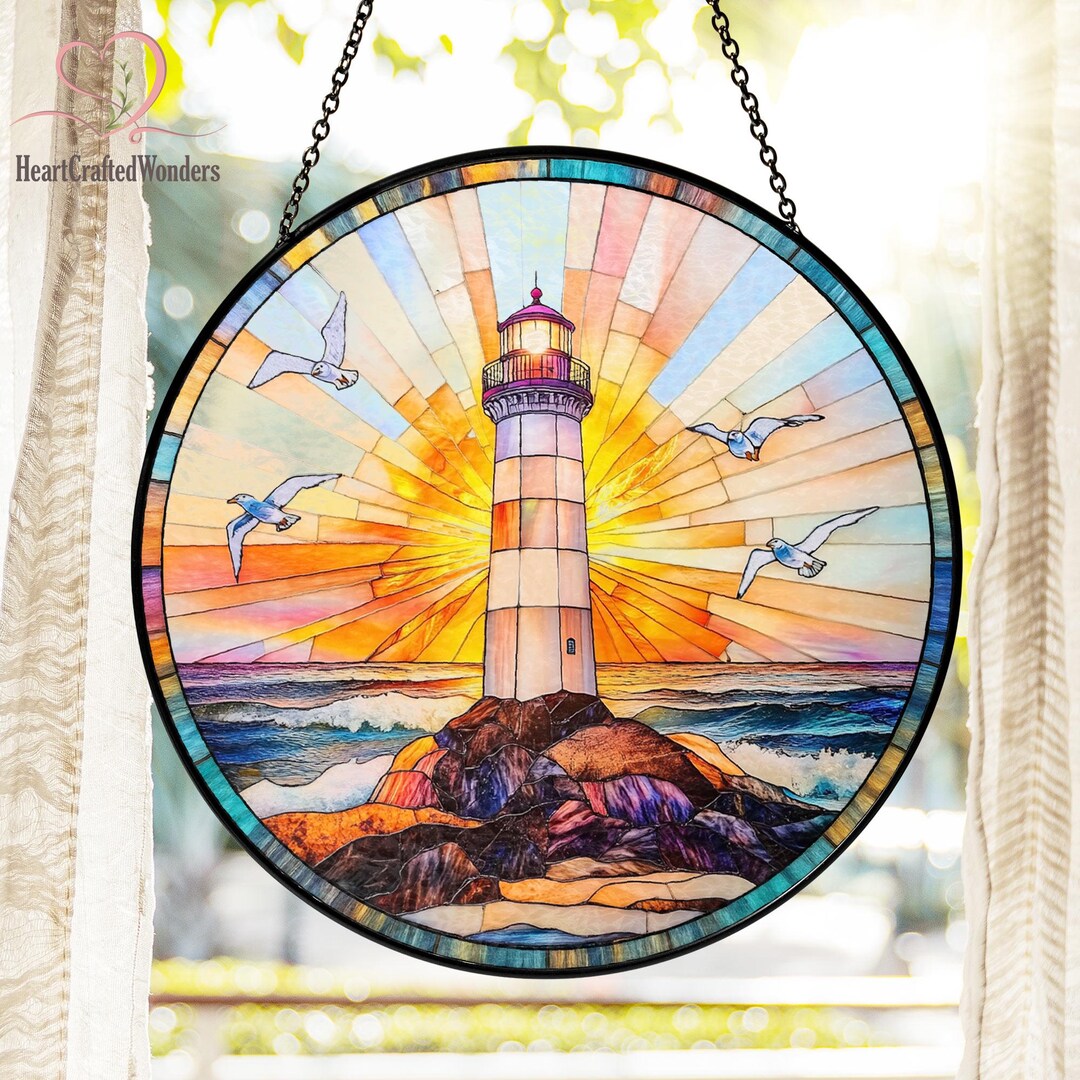 Lighthouse Stained Glass Suncatcher, Lighthouse Sunset on Sea ...