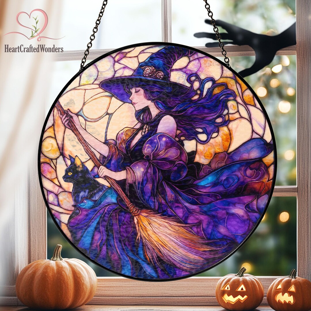 Halloween Witch Glass Suncatcher, Witchy Window Hanging, Spooky ...