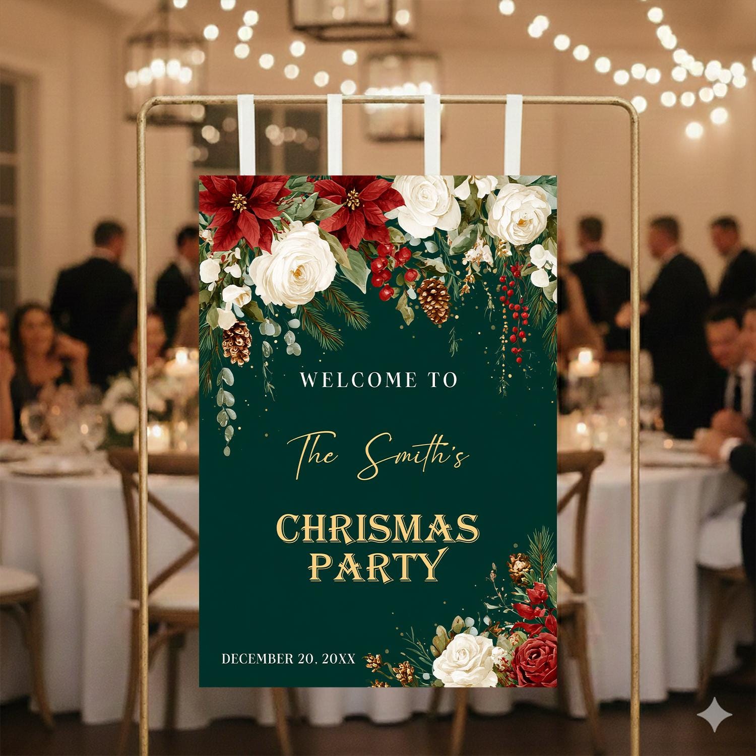 Christmas Party Welcome Sign, Holiday Floral Poster, Custom Family ...