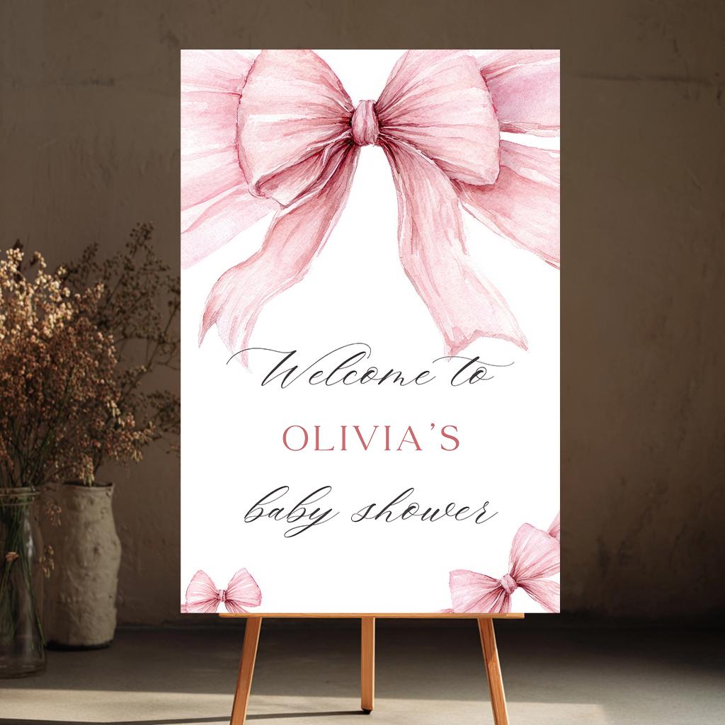Pink Ribbon Baby Shower Sign, Girly Bow Baby Shower Board, Elegant Baby ...