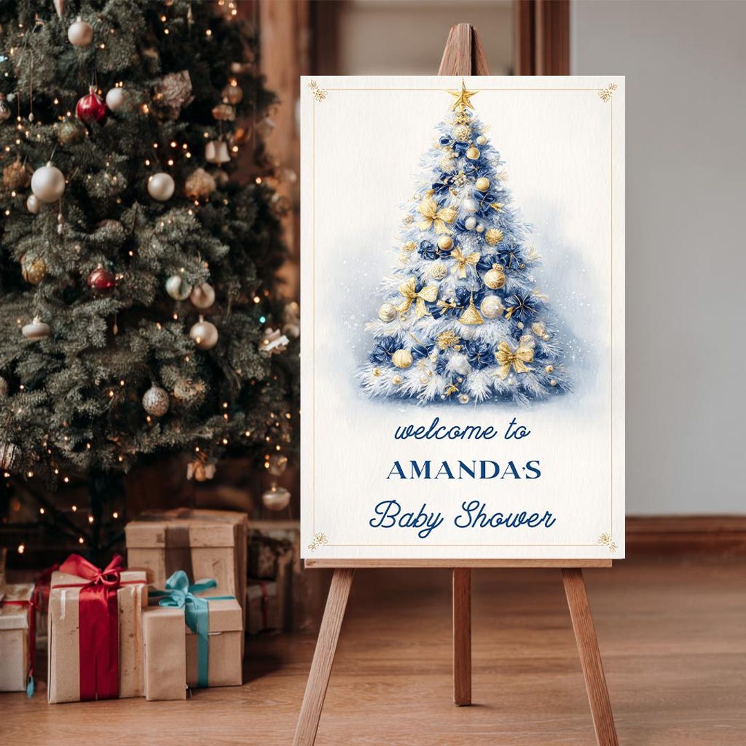 Royal Blue and Gold Christmas Tree Baby Shower Welcome Sign, Elegant ...
