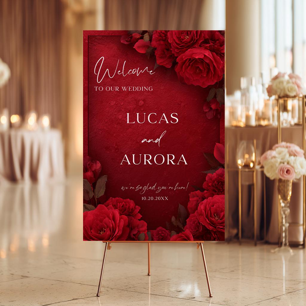Red Floral Wedding Welcome Sign, Burgundy Reception Decor, Personalized ...
