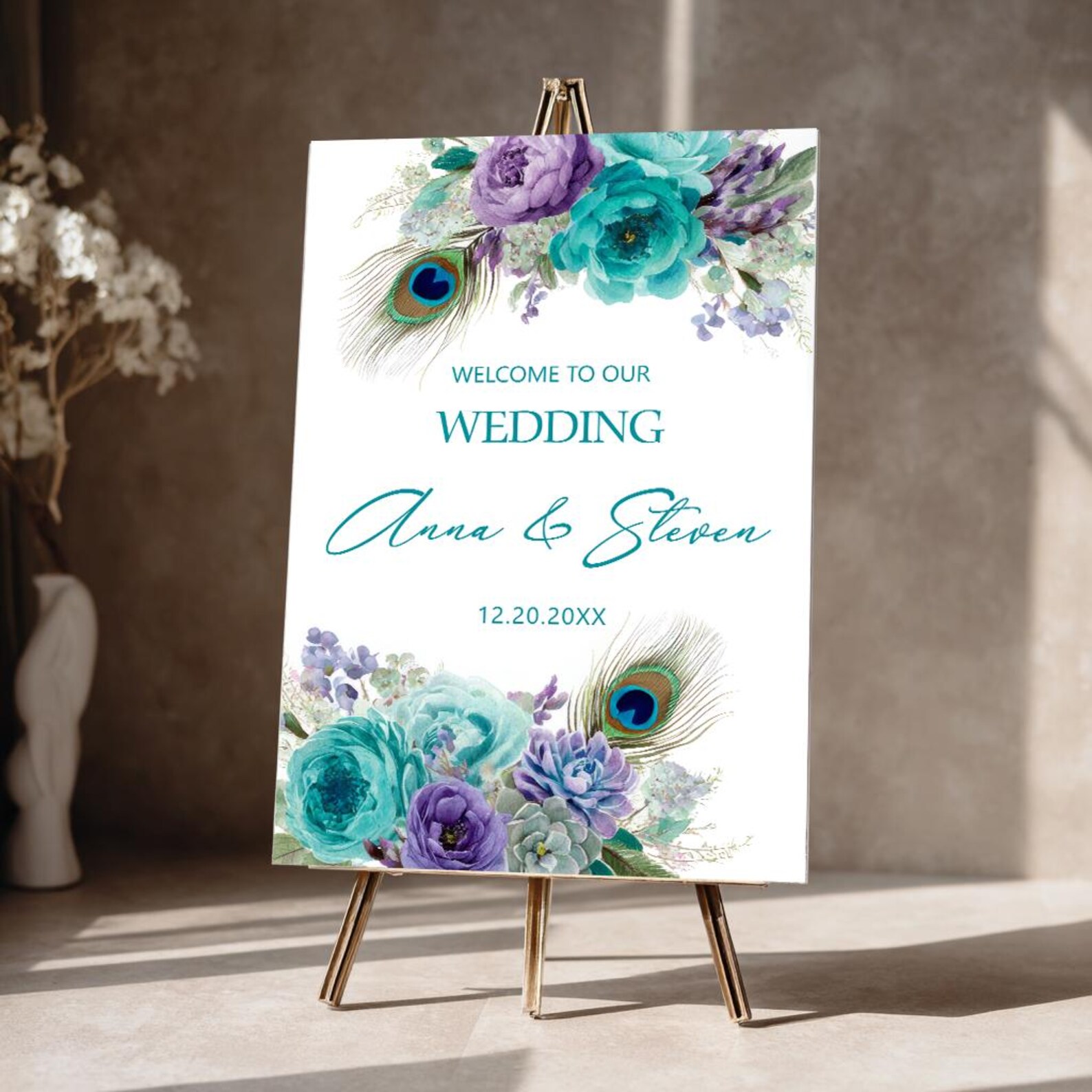 Peacock Wedding Welcome Sign, Teal Purple Jewel Tone Decor, Custom ...