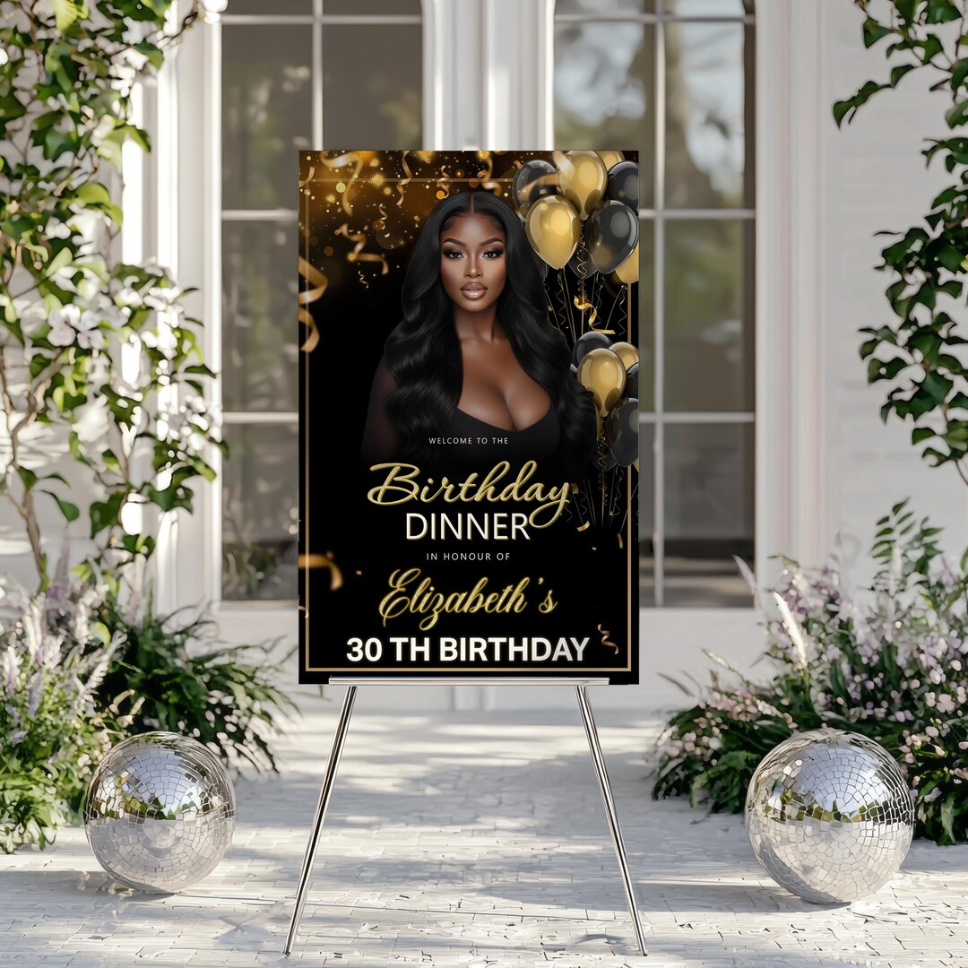30th Birthday Welcome Sign, Black Gold Glam Birthday Dinner Sign ...