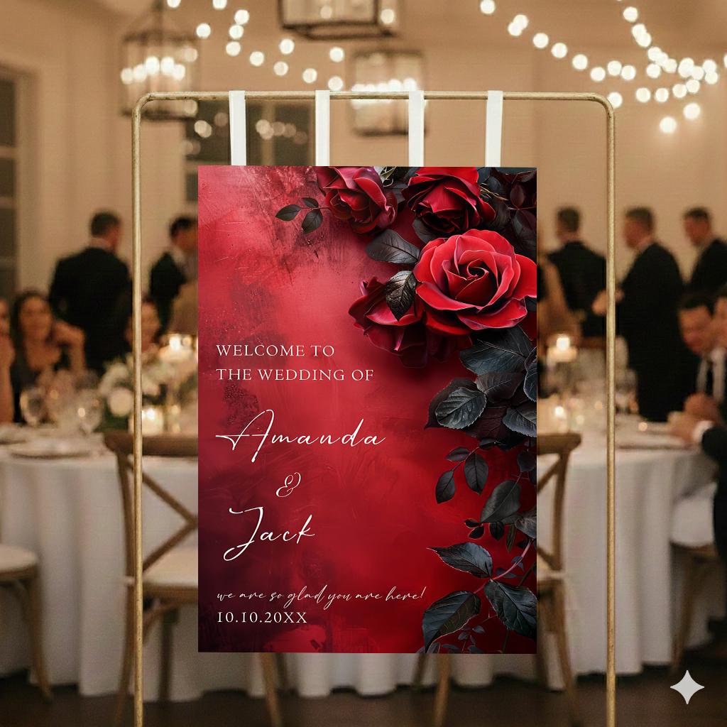 Red Rose Wedding Welcome Sign, Romantic Floral Decor, Personalized ...