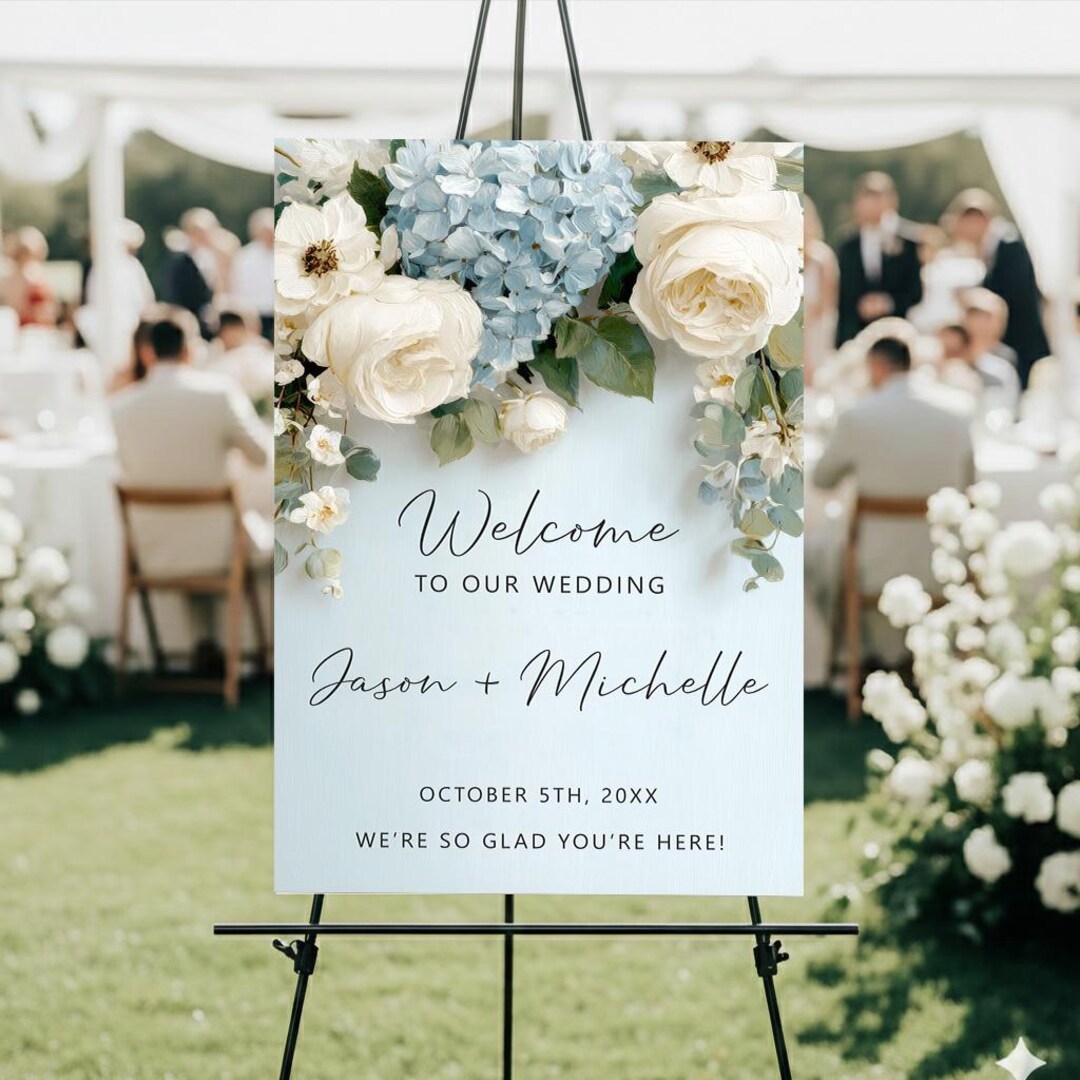 Blue Hydrangea Wedding Welcome Sign, Elegant Floral Ceremony ...