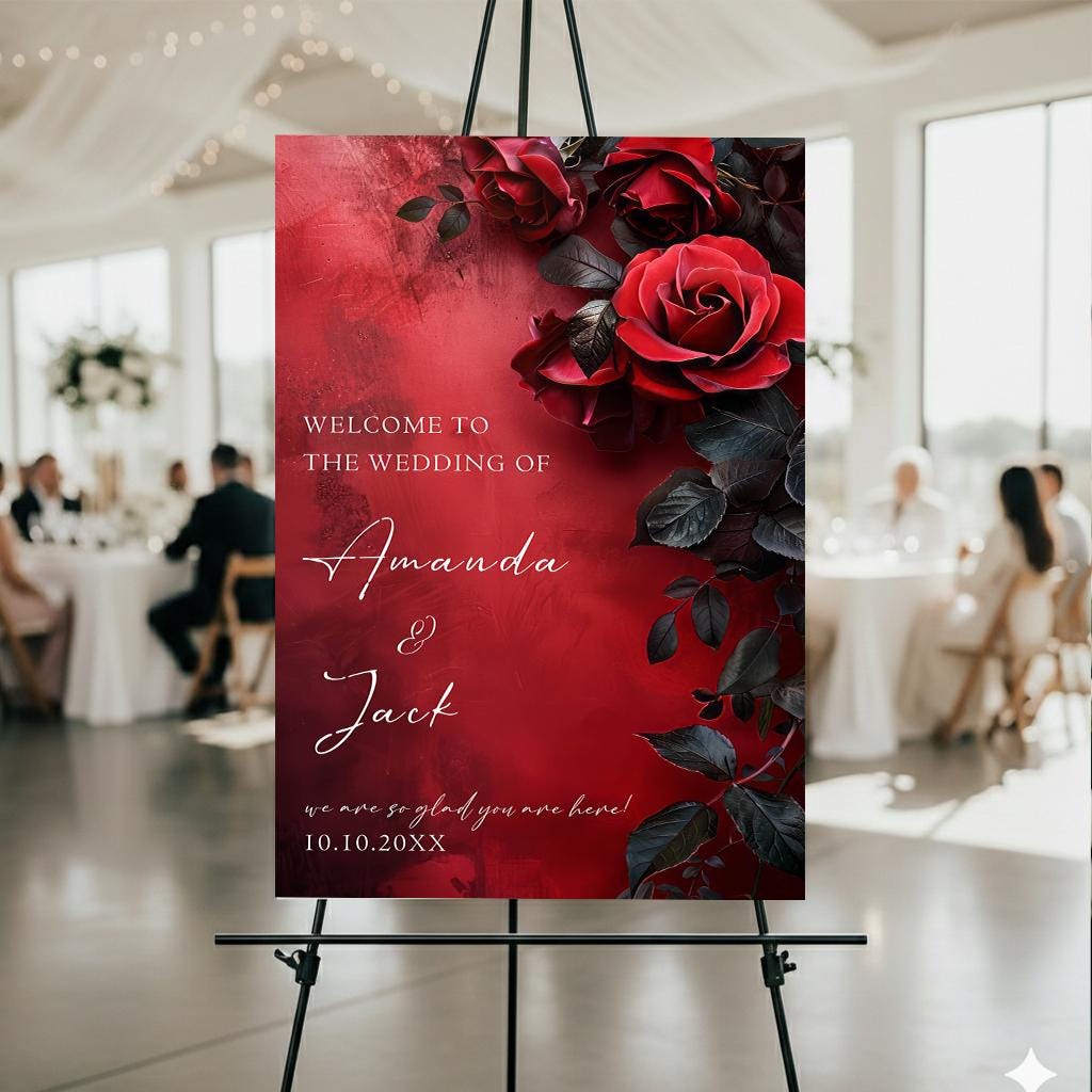 Red Rose Wedding Welcome Sign, Romantic Floral Decor, Personalized ...