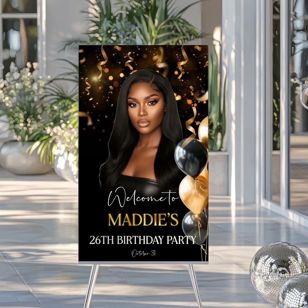 26th Birthday Welcome Sign, Photo Birthday Sign, Black Gold Birthday ...