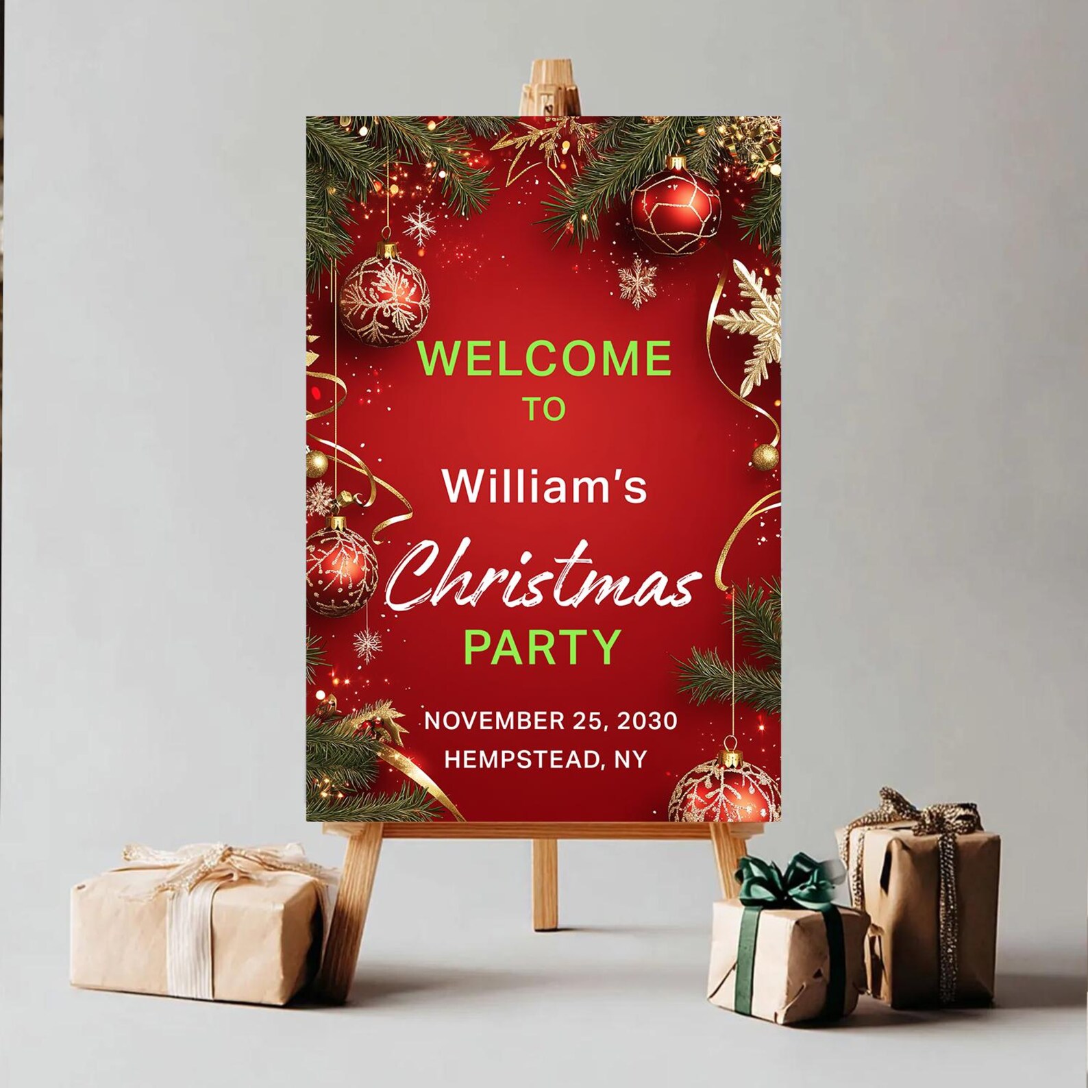 Christmas Party Welcome Sign, Red Holiday Entry Decor With Ornaments ...