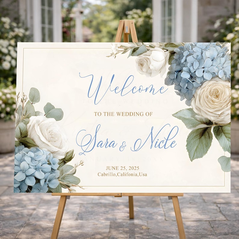 Blue Hydrangea Wedding Welcome Sign, White Rose Wedding Sign, Blue ...