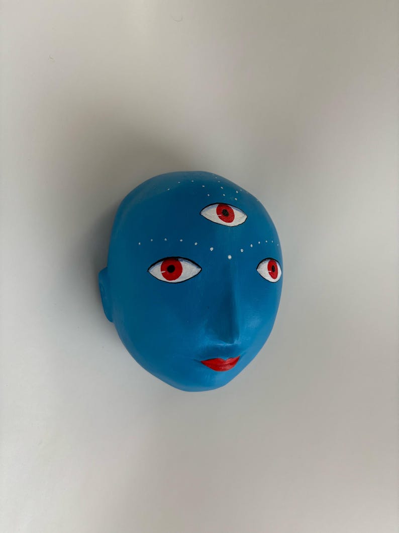 Blue Man Third Eye Wall Mask Face Sculpture Modern Tech Kids Room Decor ...