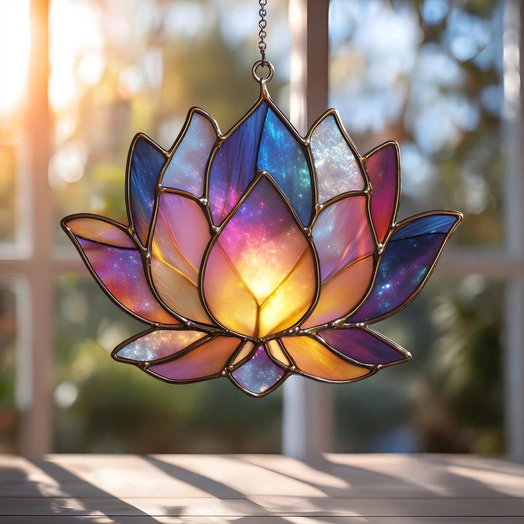 Galaxy Lotus Flower Acrylic Suncatcher, Faux Stained Glass Window ...