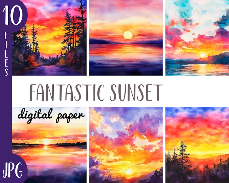 Watercolor Fantastic Sunset Clipart - Nature Art Digital Paper - Lake ...