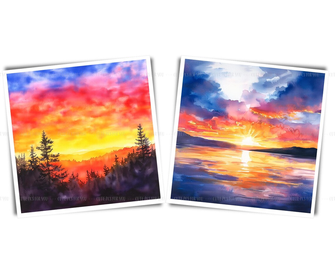 Watercolor Fantastic Sunset Clipart - Nature Art Digital Paper - Lake ...