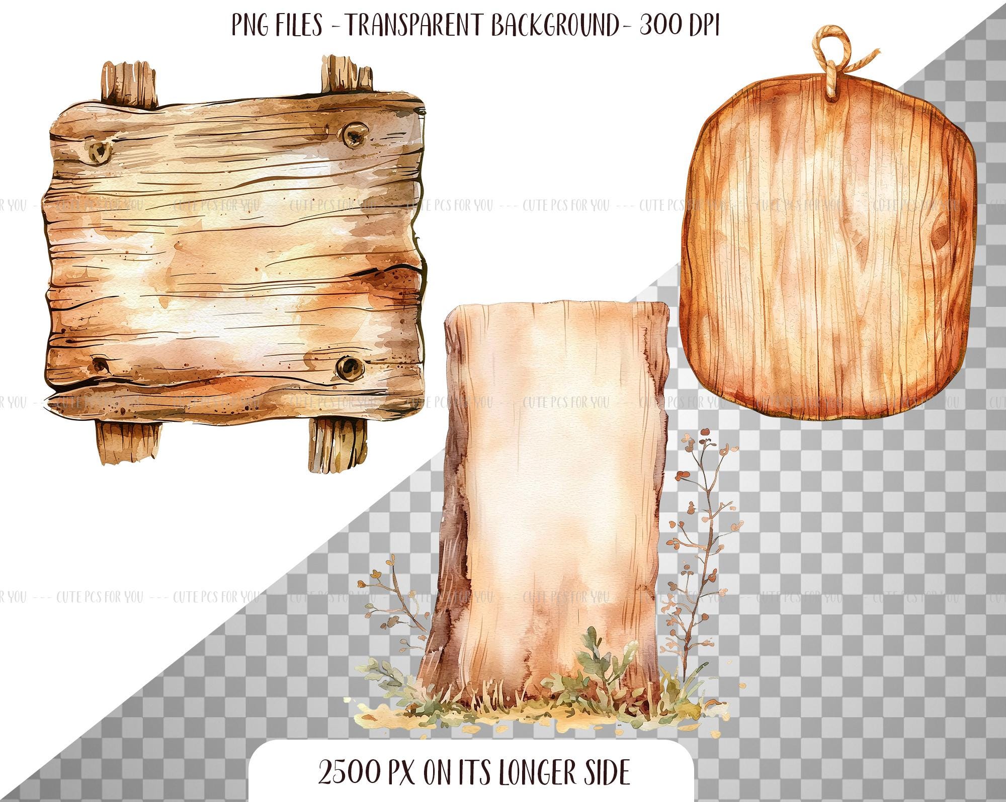 Watercolor Wood Sign Clipart - Wooden Board PNG Illustration - Rustic ...