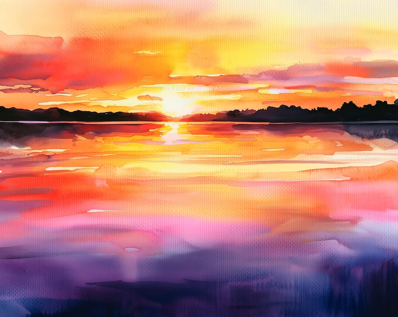 Watercolor Fantastic Sunset Clipart - Nature Art Digital Paper - Lake ...