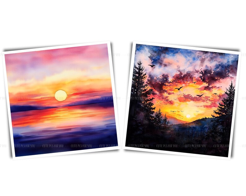 Watercolor Fantastic Sunset Clipart - Nature Art Digital Paper - Lake ...
