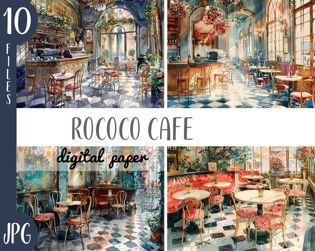 Watercolor Rococo Cafe Clipart - Summer Cafe Interior Digital Paper ...