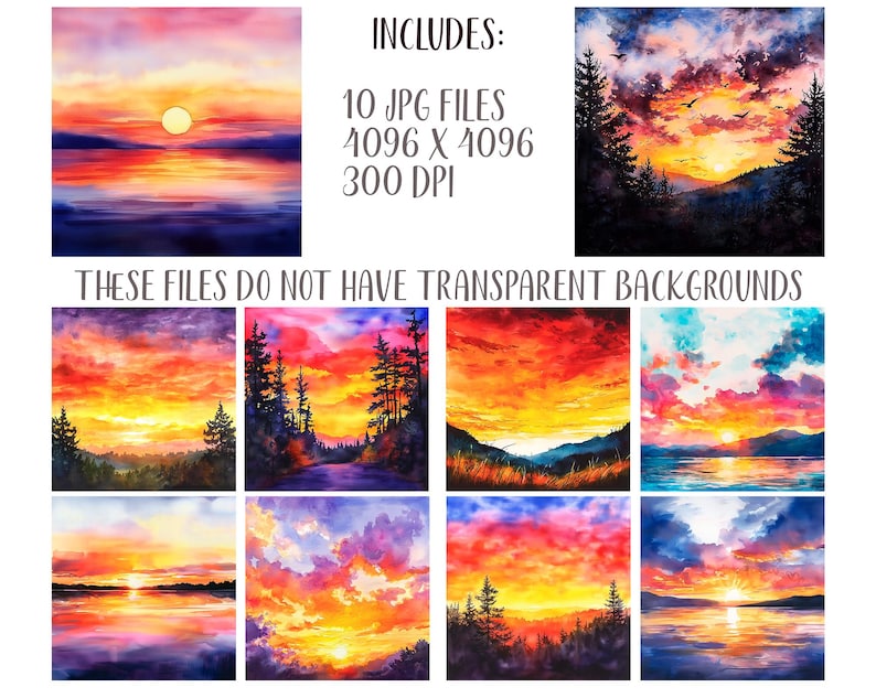 Watercolor Fantastic Sunset Clipart - Nature Art Digital Paper - Lake ...