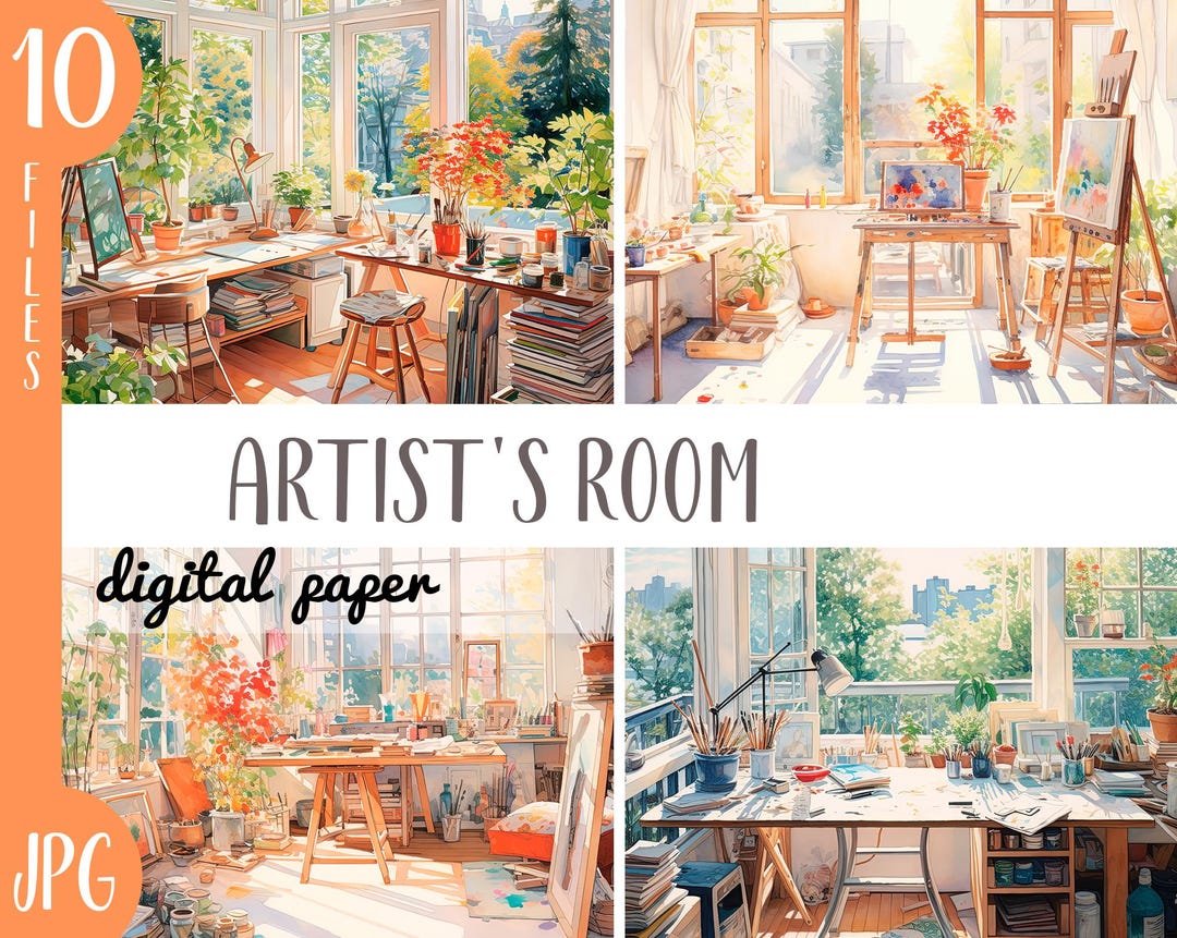 Watercolor Artist Room Clipart - Table With Paint Brushes Digital Paper ...