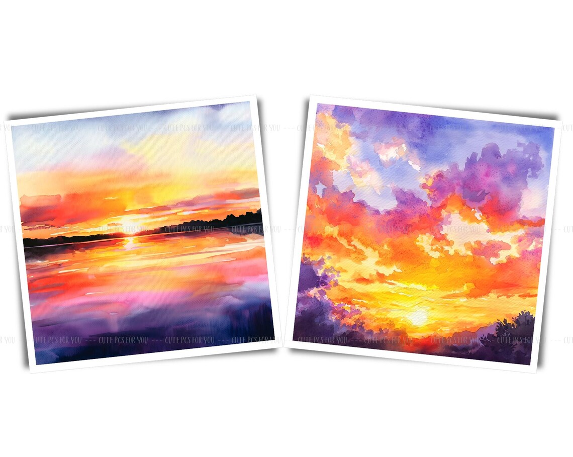 Watercolor Fantastic Sunset Clipart - Nature Art Digital Paper - Lake ...