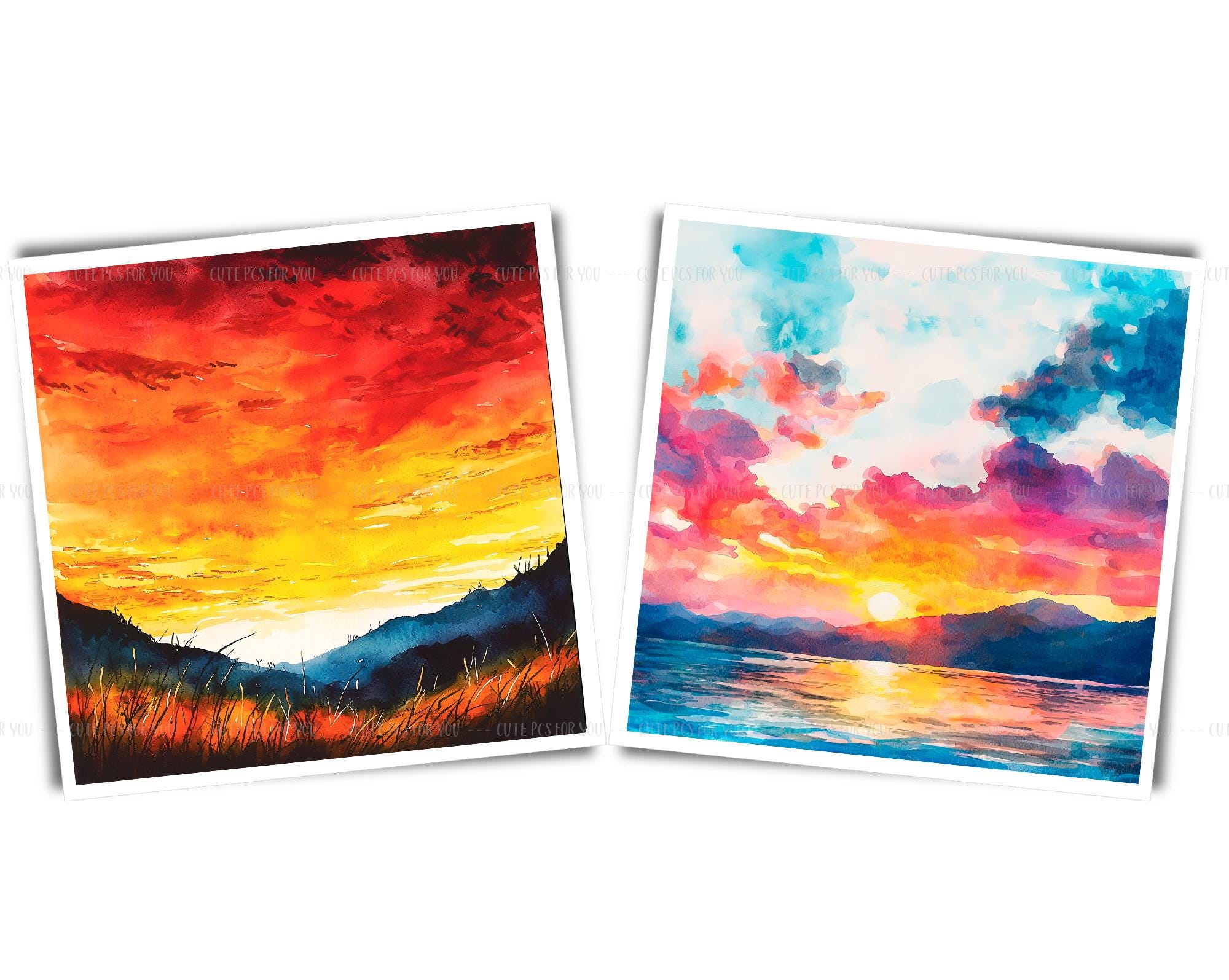 Watercolor Fantastic Sunset Clipart - Nature Art Digital Paper - Lake ...