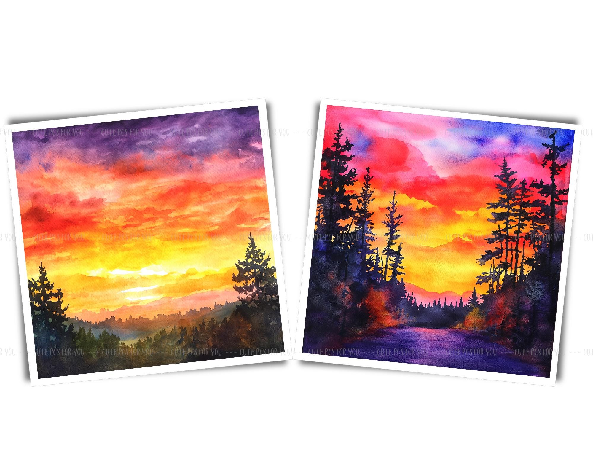 Watercolor Fantastic Sunset Clipart - Nature Art Digital Paper - Lake ...