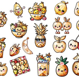 Kawaii Fruits Clipart Bundle PNG 20 Cute Food Stickers Watercolor ...