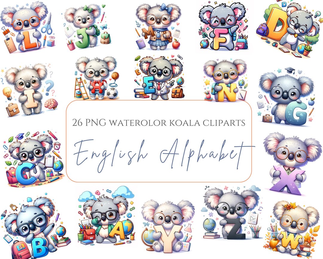 Alphabet Letter Clipart Bundle Alphabet PNG Cute Watercolor Koala ...