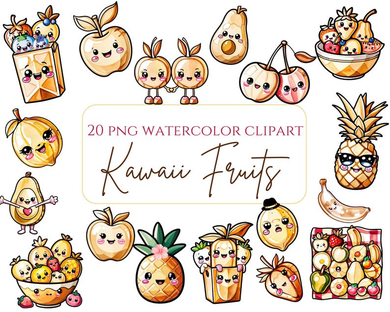 Kawaii Fruits Clipart Bundle PNG 20 Cute Food Stickers Watercolor ...