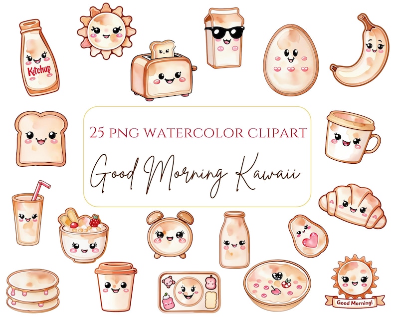 Kawaii Clipart Bundle PNG Cute Food Stickers Watercolor Kawaii Icons ...