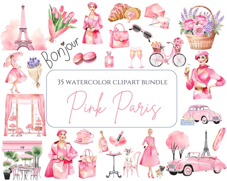Paris Clipart Bundle Romantic Pink Paris Clipart Bundle Vintage Paris ...